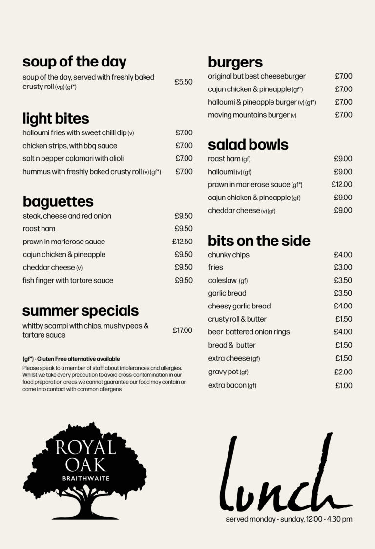 Lunch Menu - Royal Oak - Braithwaite