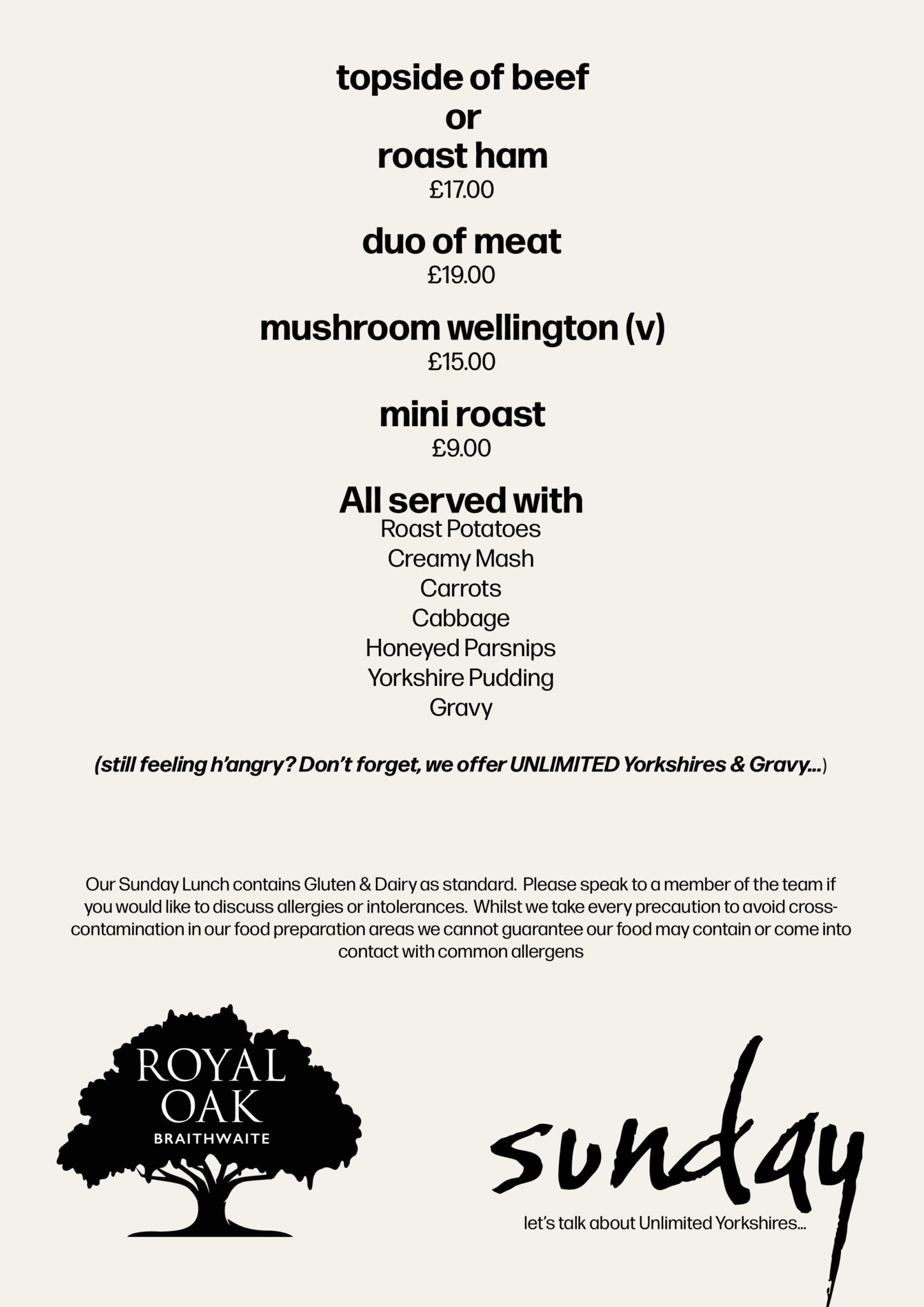Sunday Lunch Menu - Royal Oak - Braithwaite